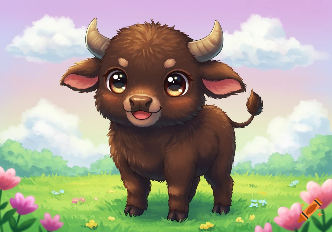 A cute baby carabao standing in a grassy field in anime style. on Craiyon
