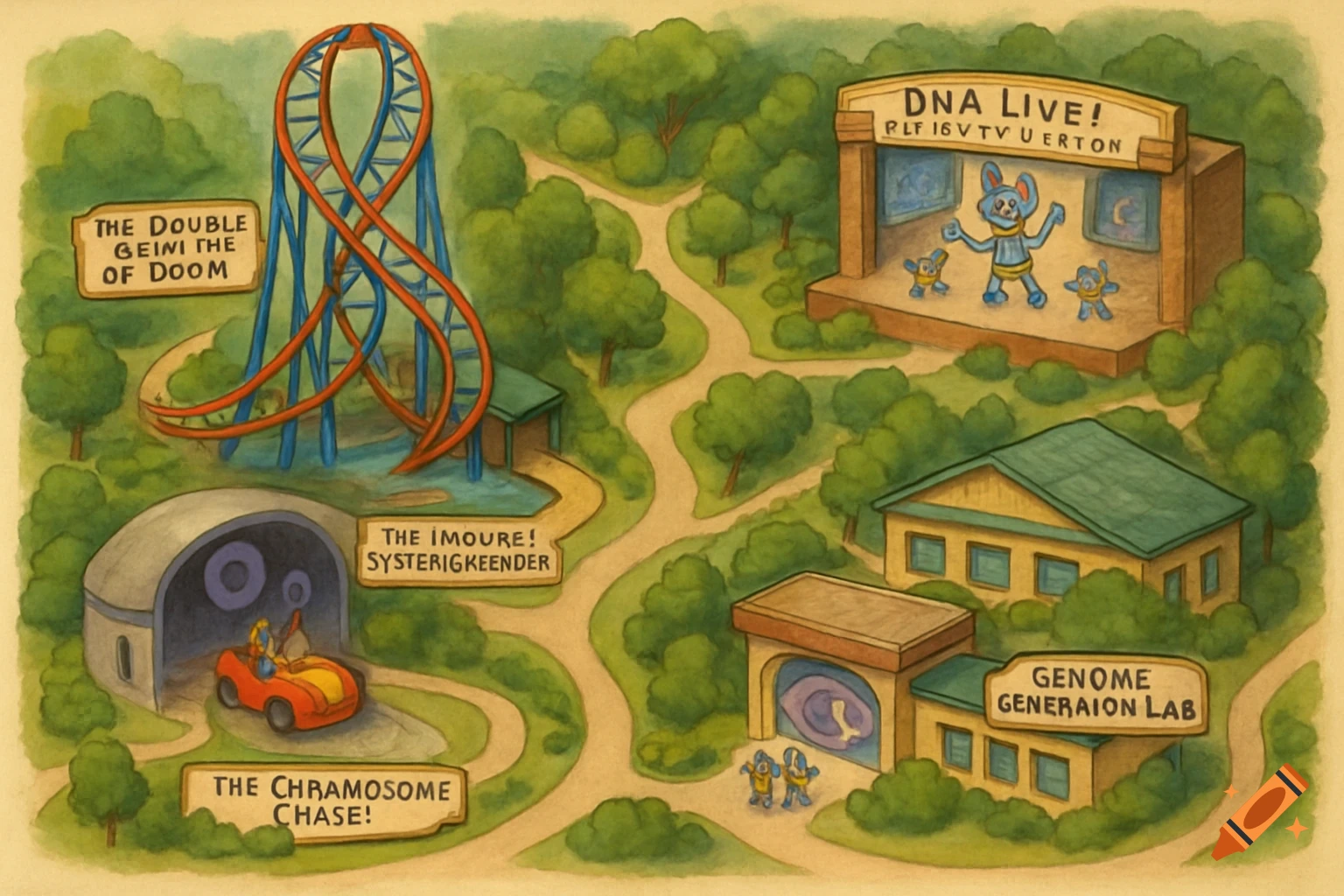Drawn map of a science theme park with rollercoaster and buildings. on ...