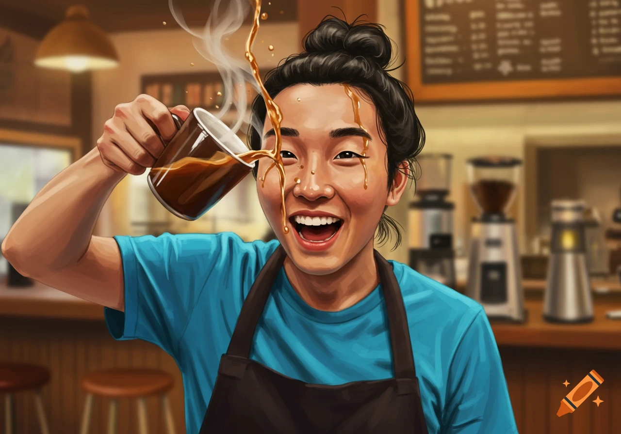 A happy illustrated barista in a coffee shop laughs while pouring coffee onto their face. on Craiyon