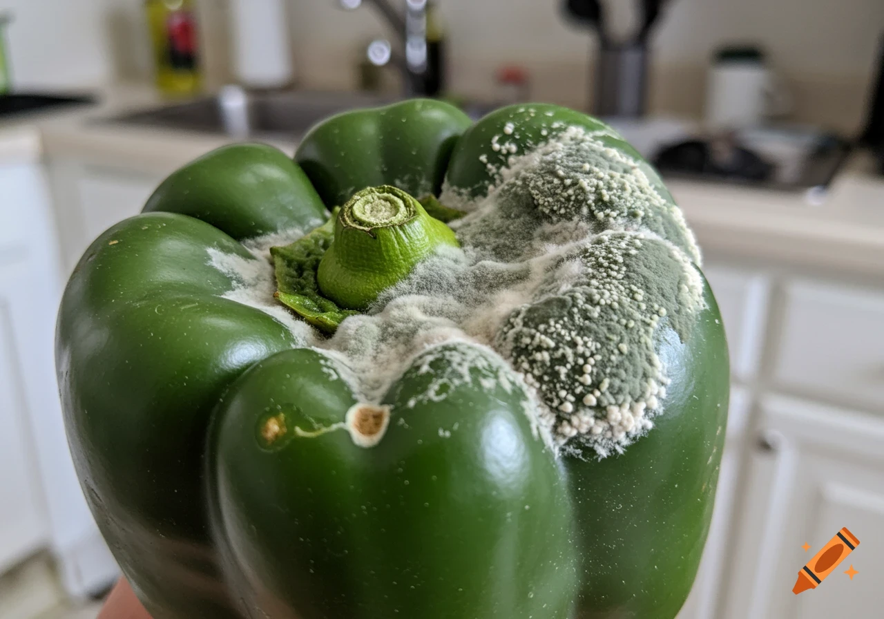 A close-up of a green bell pepper covered in white and green mold in a ...