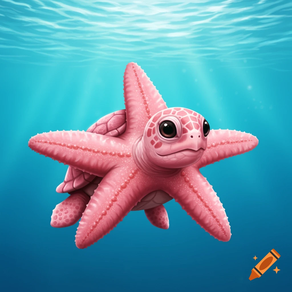 A cute pink starfish and turtle hybrid creature swimming underwater ...