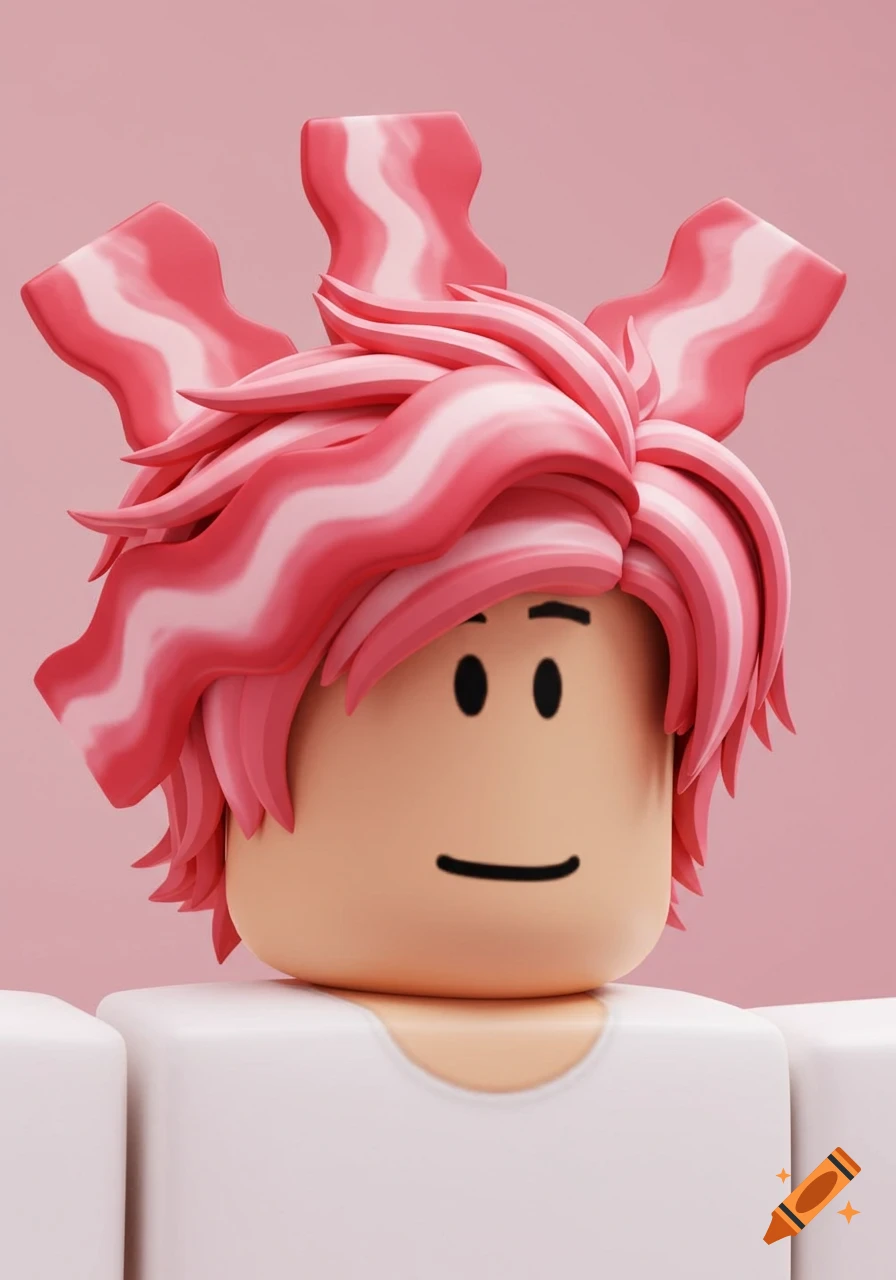 A 3D render of a Roblox avatar head with pink hair styled to look like bacon strips. on Craiyon