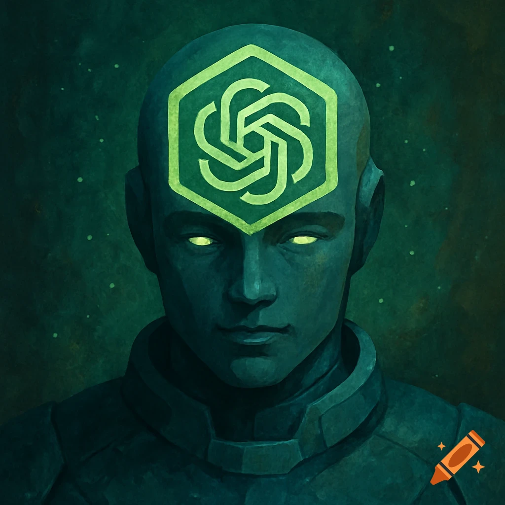 Close-up of a figure with glowing eyes and a hexagonal symbol on its ...