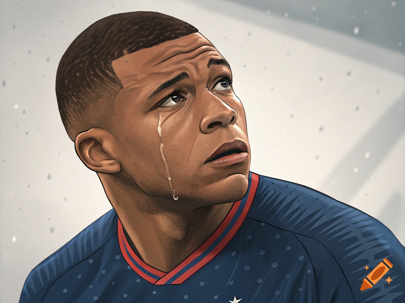 Illustration of a man in a sports jersey looking up and crying. on Craiyon