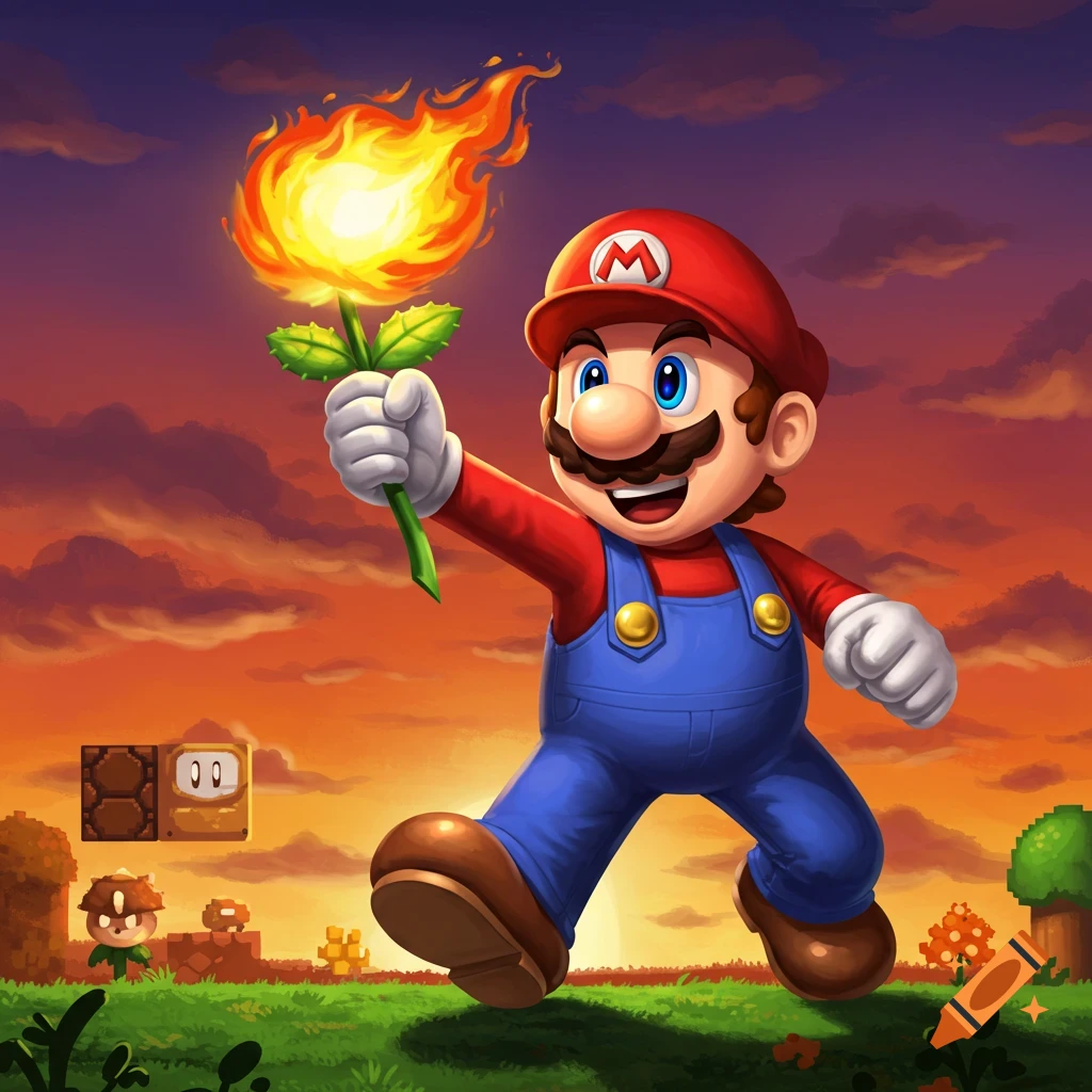 Mario holding a fire flower in a video game landscape at sunset. on Craiyon