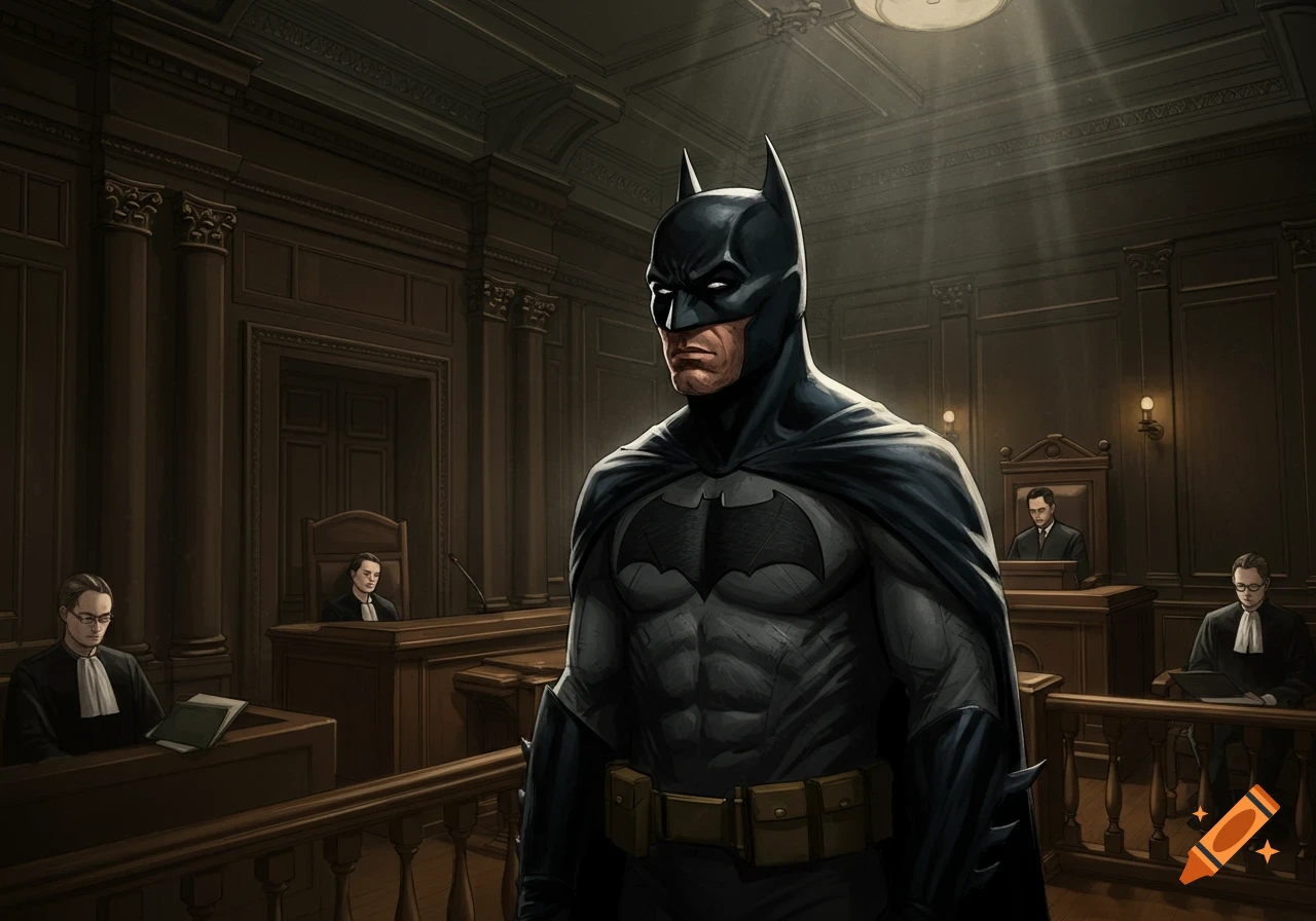 Batman stands in a courtroom, looking towards the viewer, with other ...