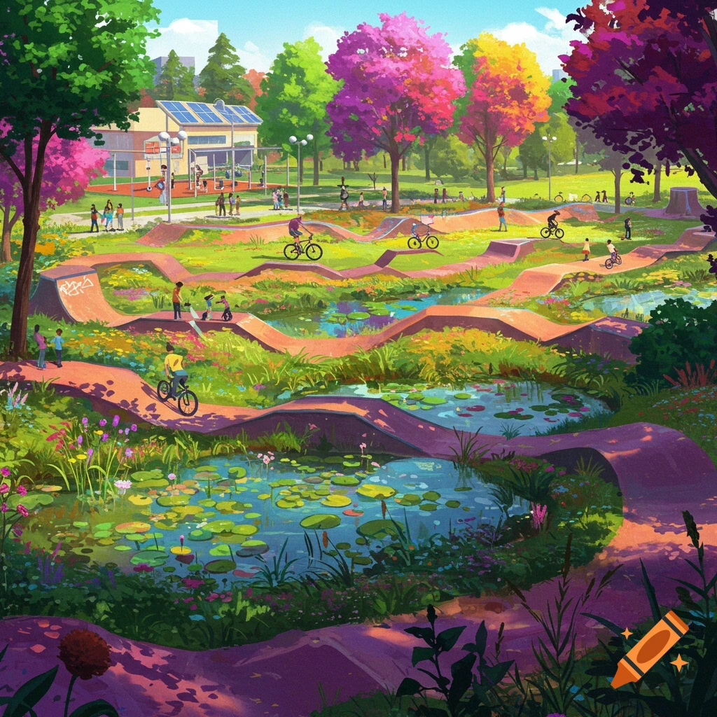 Colorful solarpunk park illustration with bike trails, ponds, and ...