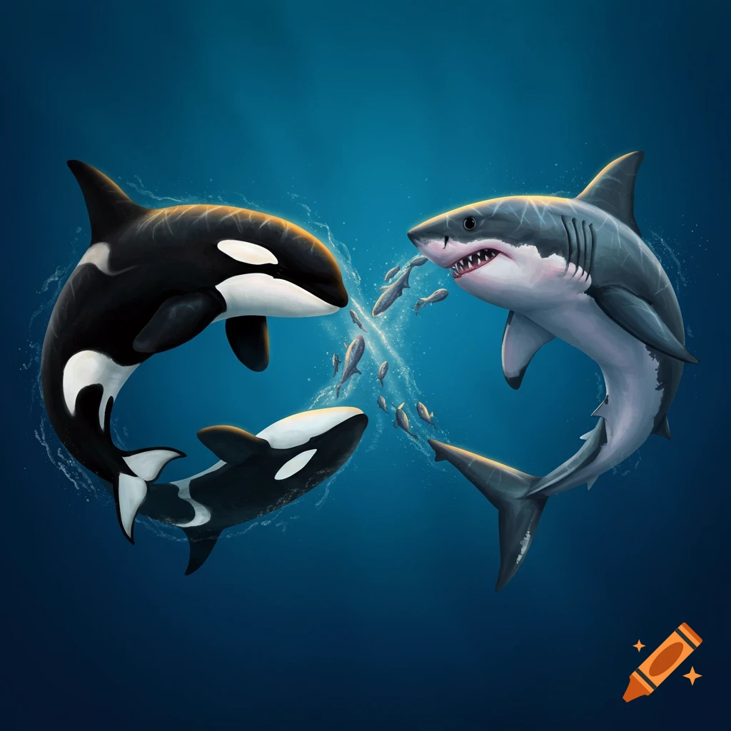 Digital illustration of a great white shark and two orcas forming an ...