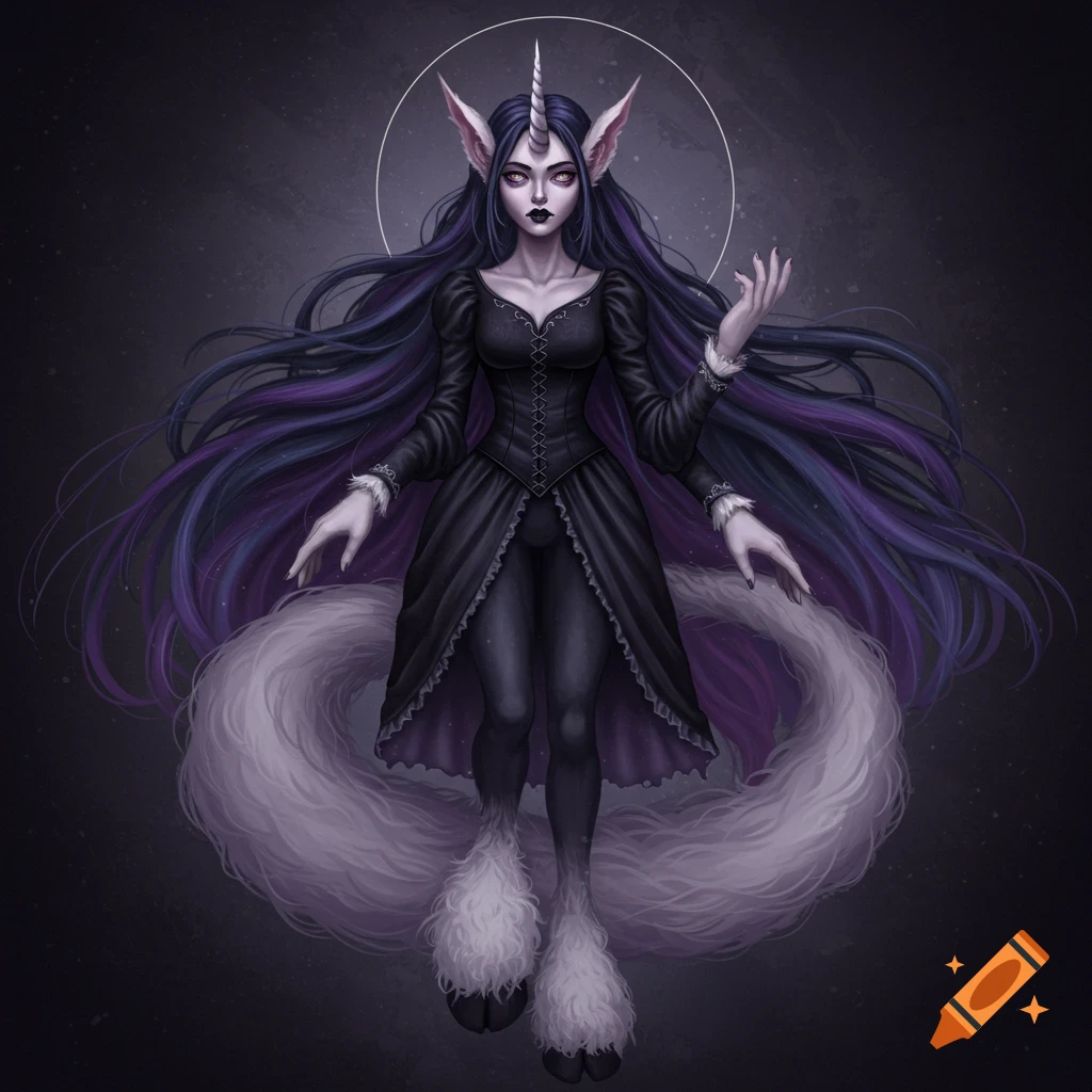 A gothic female human unicorn with fluffy hooves, a fluffy tail, long ...