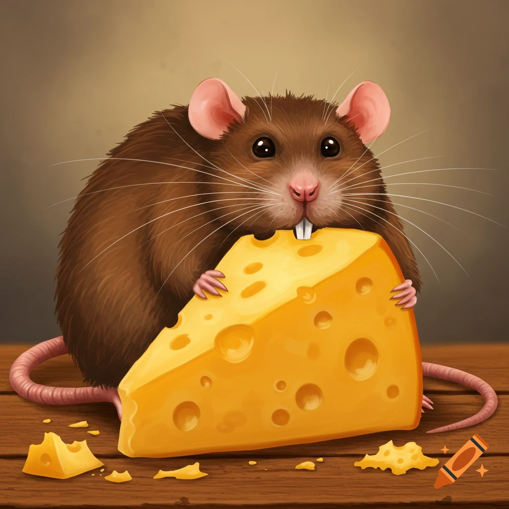 A cute brown rat sits on a wooden surface holding a large wedge of ...