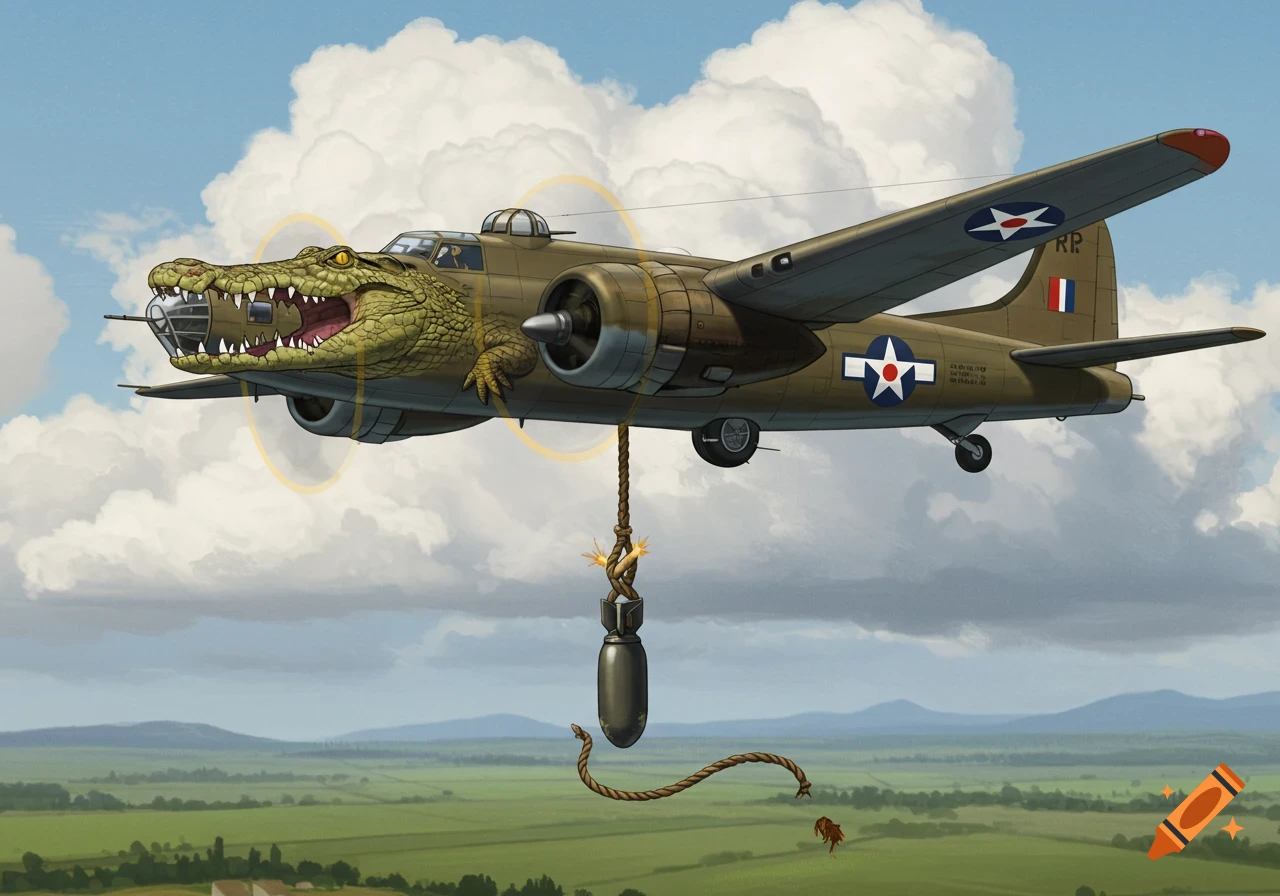 Illustration of a bomber airplane with a crocodile head flying over a ...