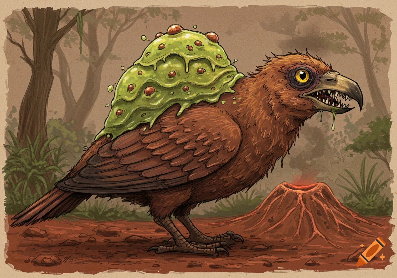 Illustration of a brown bird-like creature with green slime on its back ...