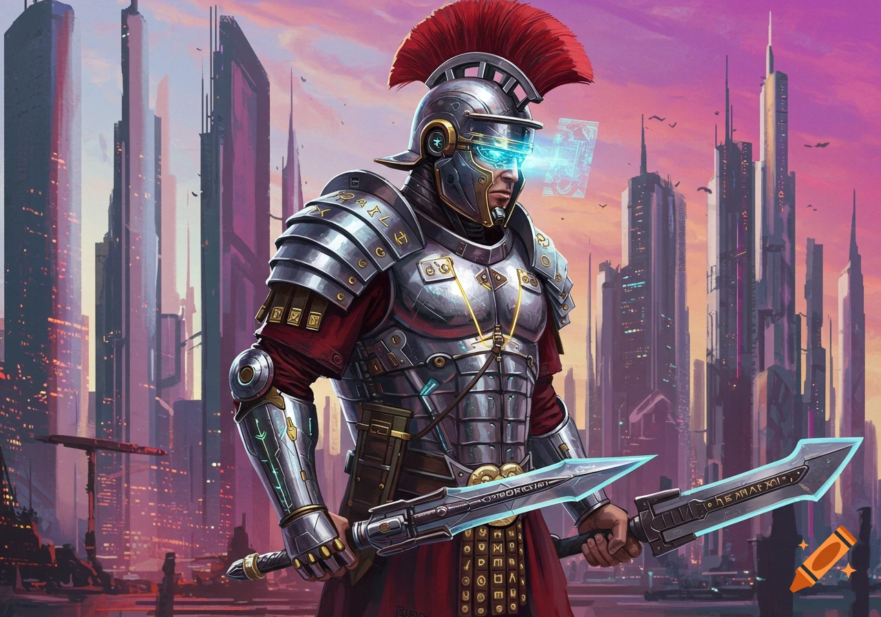 Futuristic Roman soldier in cybernetic armor holding glowing swords in ...