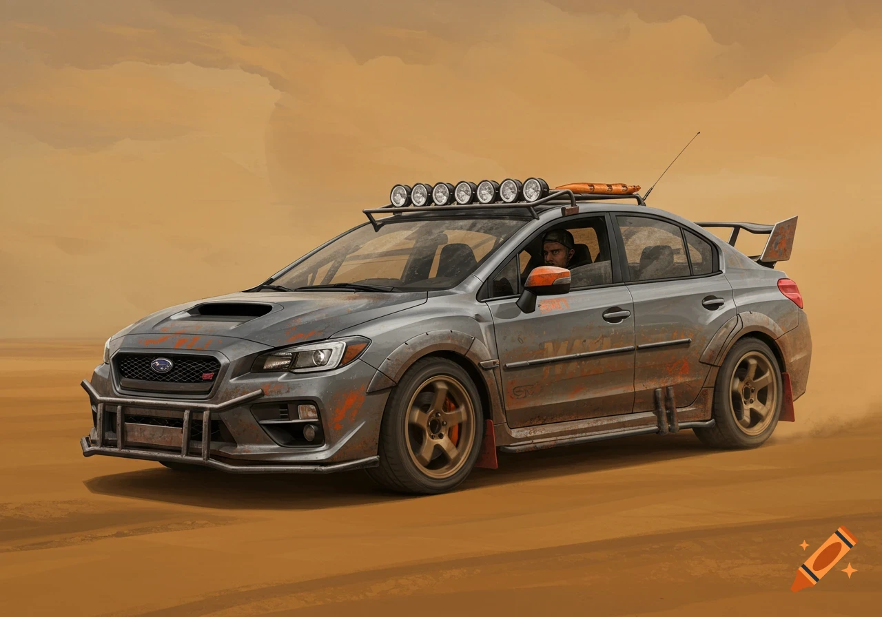 A modified Subaru WRX STI car in a desert wasteland, illustrated style ...