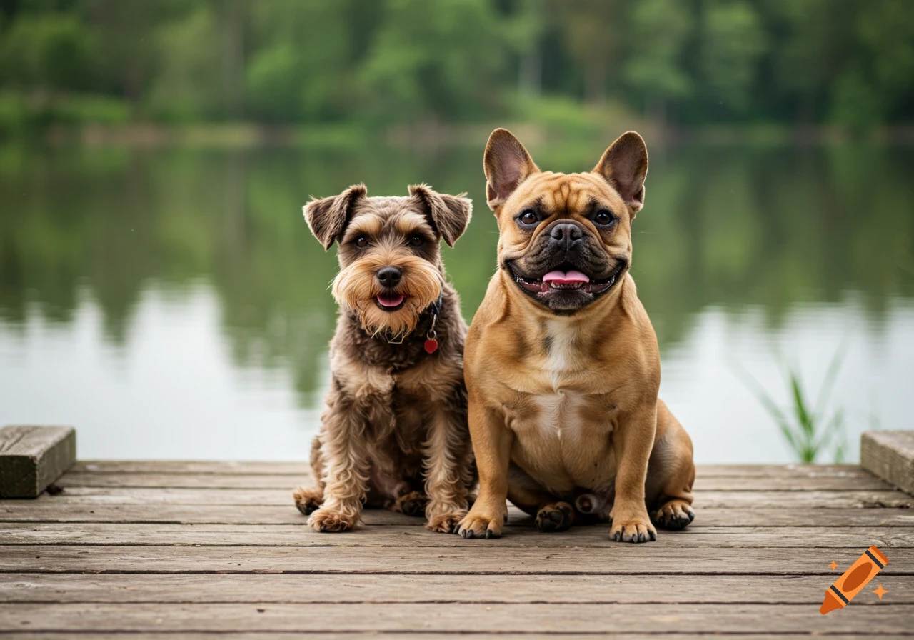 A brown Miniature Schnauzer and a tan French Bulldog sit side-by-side ...
