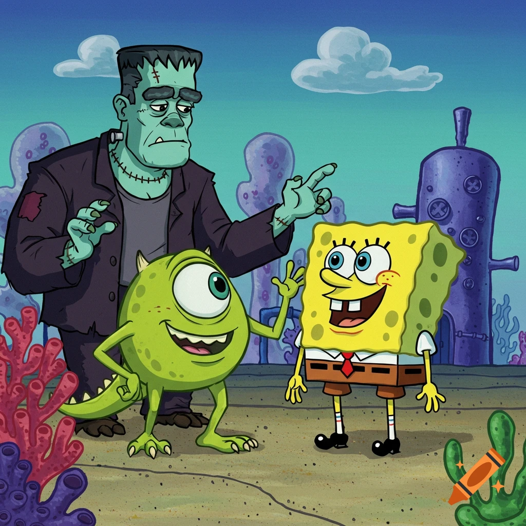 Frankenstein, Mike Wazowski, and Spongebob stand together in a cartoon ...