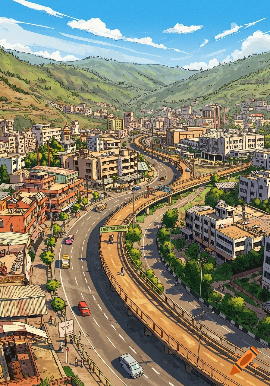 Overhead anime illustration of a city nestled in a valley with ...