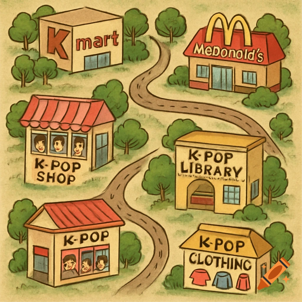 Cartoon map of a town with Kmart, Medonold's, K-Pop shops, library, and ...