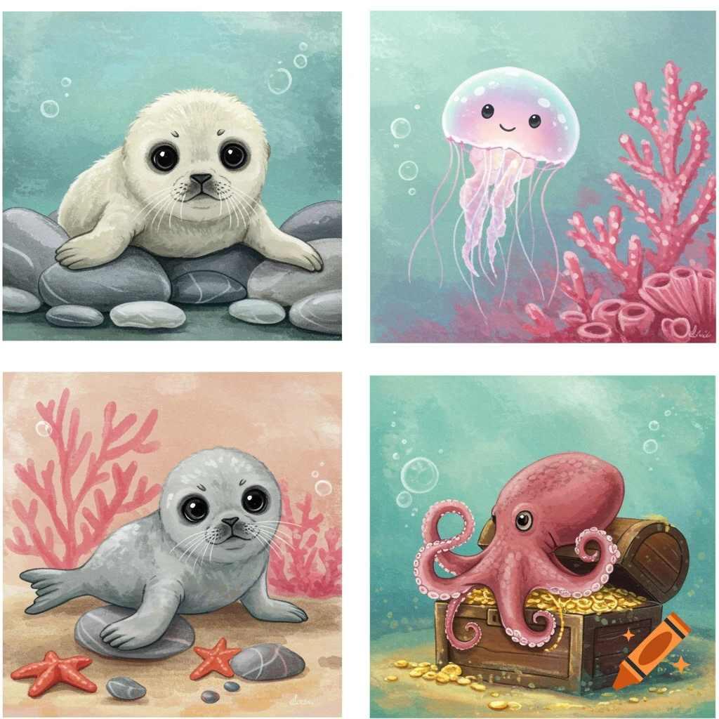 Four square illustrations of baby sea animals: two seals, a jellyfish ...