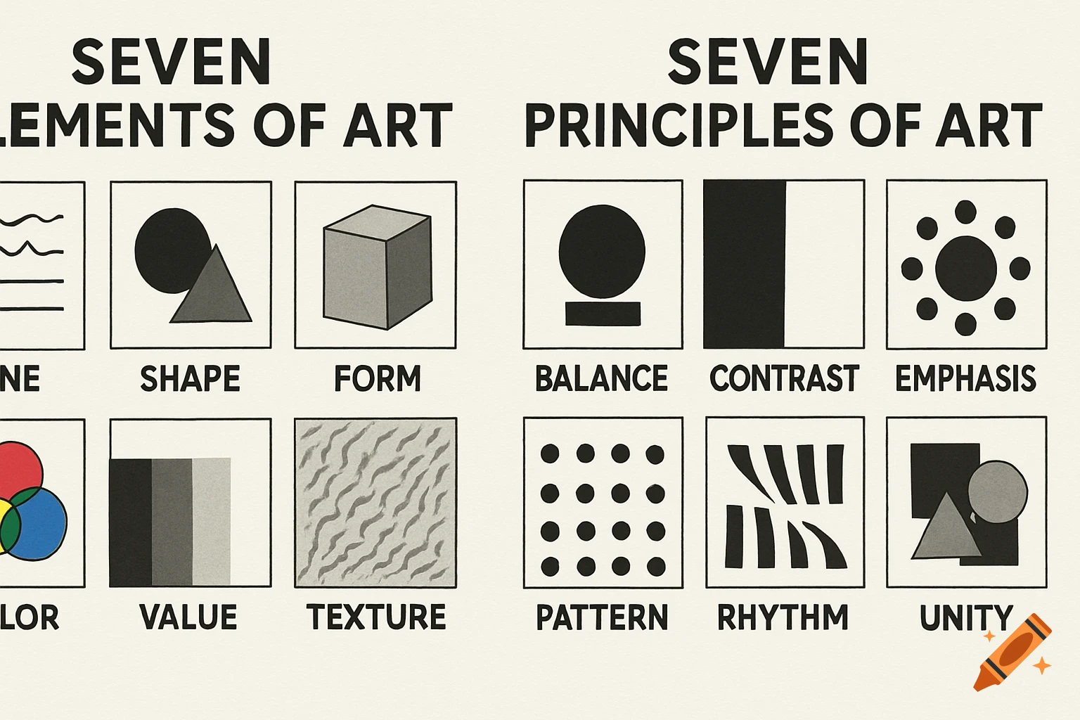 Diagram illustrating the seven elements and principles of art with ...