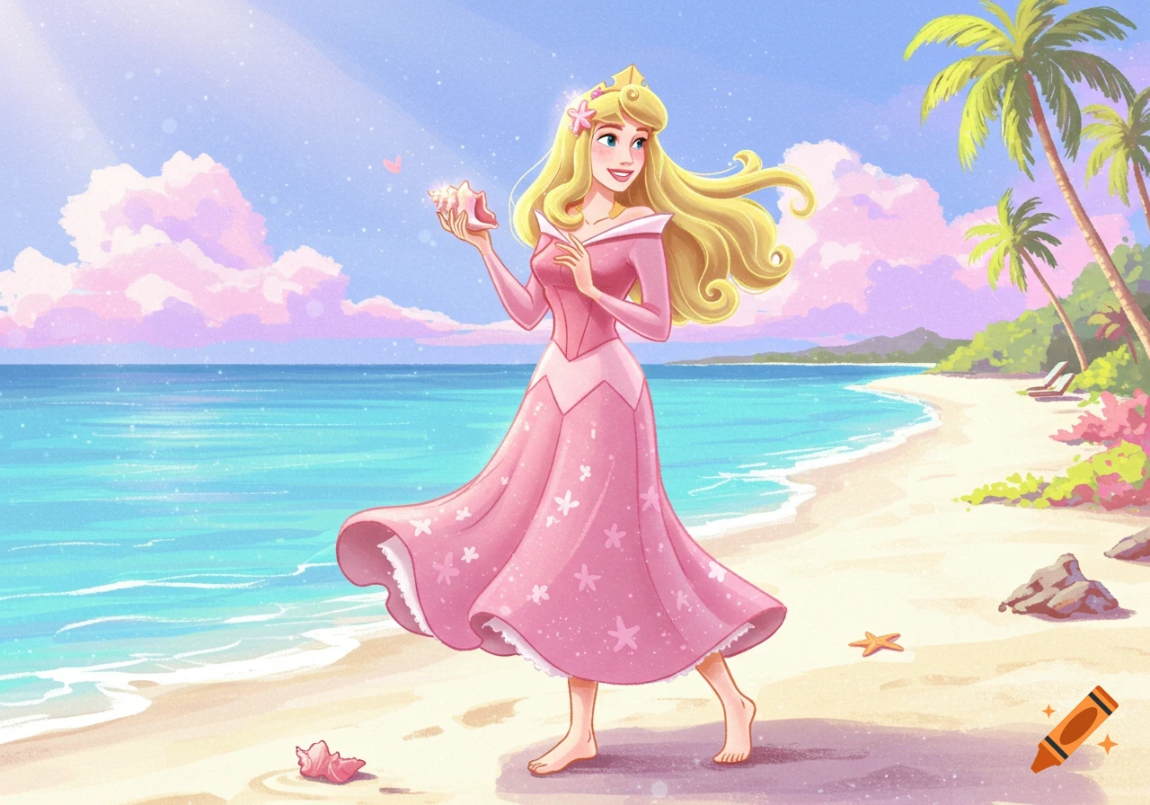 Disney princess Aurora on a beach holding a seashell, illustration on ...