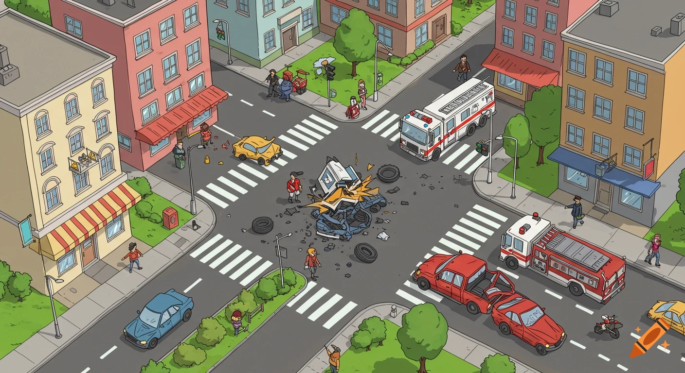Cartoon aerial view of a city intersection with a car accident, ambulance, and fire truck. on ...