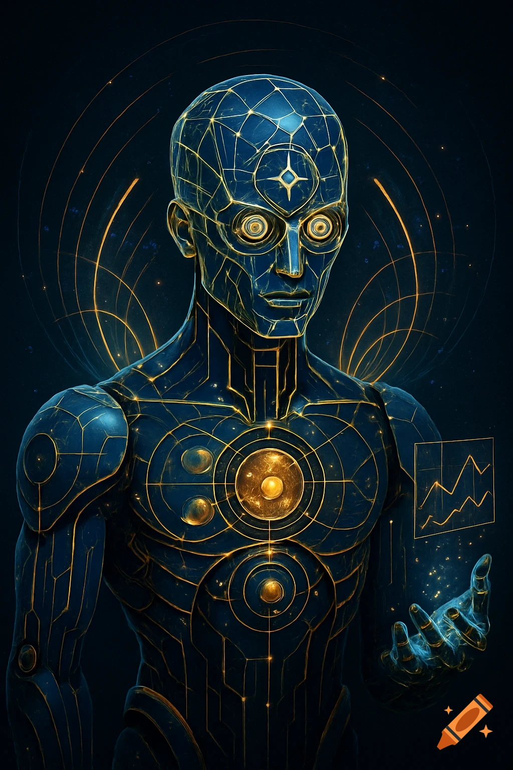 A stylized blue and gold cybernetic figure with intricate patterns and ...