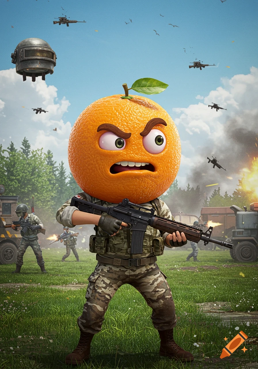 Cartoon orange character in military gear holding a rifle in a ...