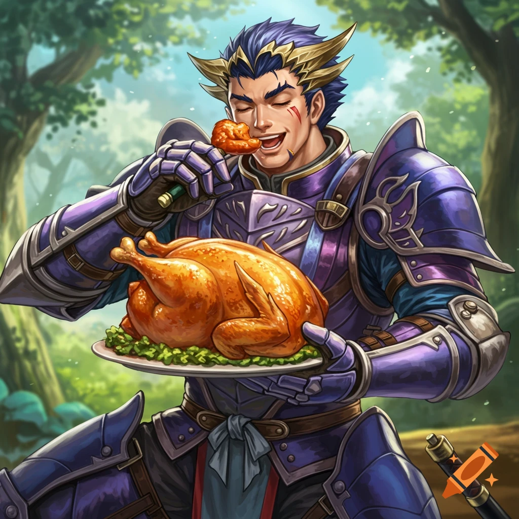 Man in purple fantasy armor happily eats a roasted chicken in a forest ...