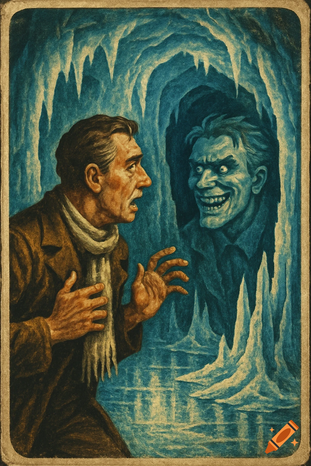 Illustration of a man recoiling in horror from his grinning reflection ...