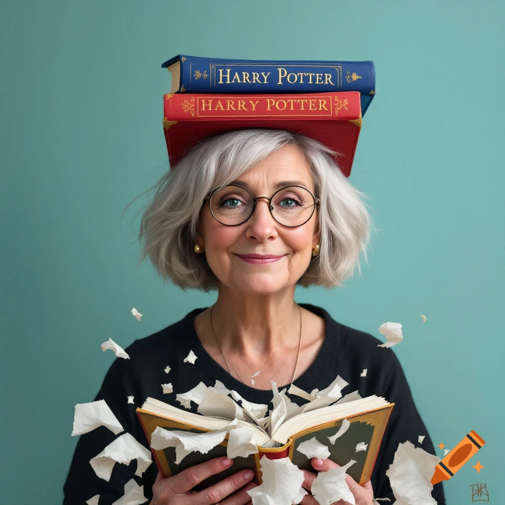 Photorealistic portrait of a smiling older woman balancing Harry Potter ...