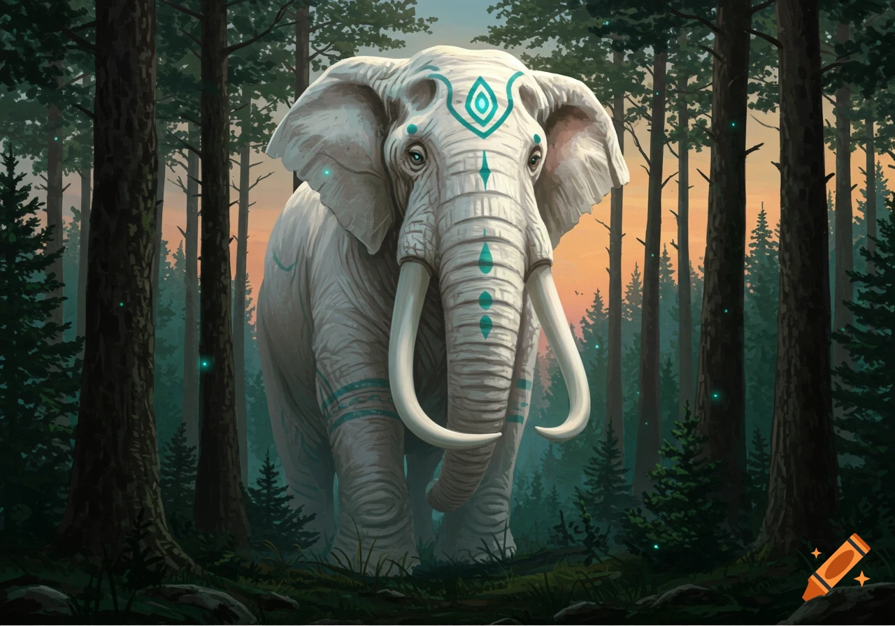 A white elephant with blue tribal markings stands in a pine forest at ...