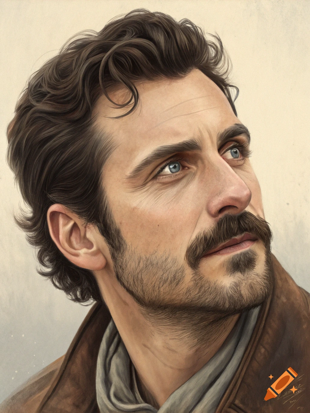 Close-up portrait of a man with brown hair, mustache, and beard stubble ...