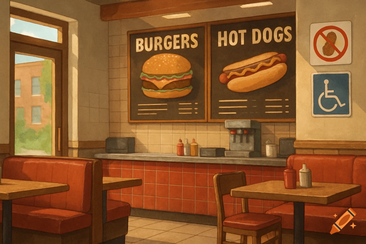 Illustration of the interior of a burger and hot dog restaurant with ...
