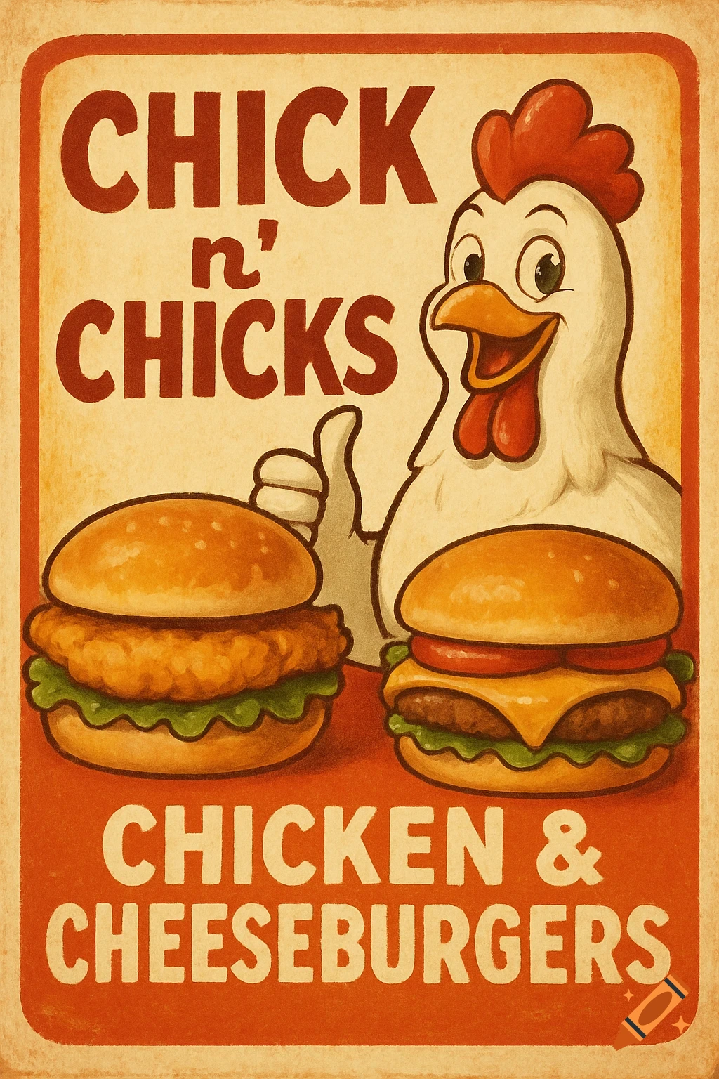 Vintage-style advertisement poster for Chick n' Chicks, featuring a ...