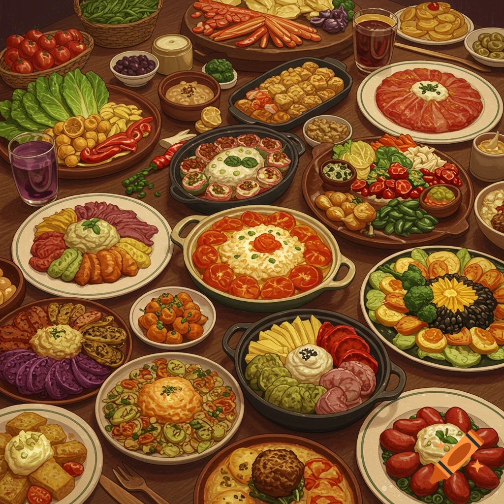 A table overflowing with numerous colorful dishes of food. on Craiyon