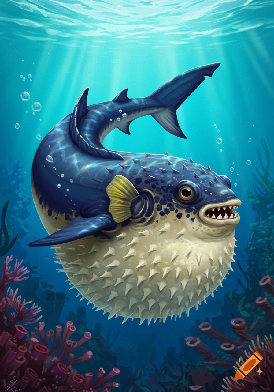 A hybrid creature, part shark part puffer fish, swims underwater on Craiyon
