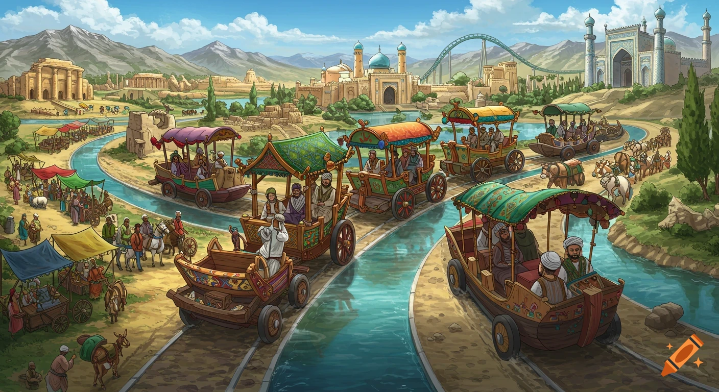 Illustration of caravan carts on a boat ride through a historical ...