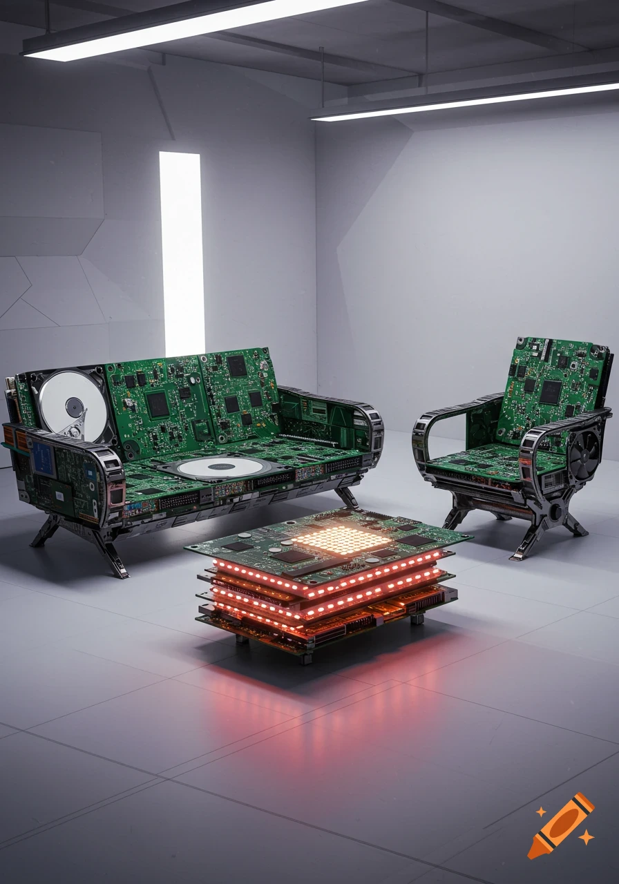 Futuristic living room set (couch, chair, table) made from computer ...