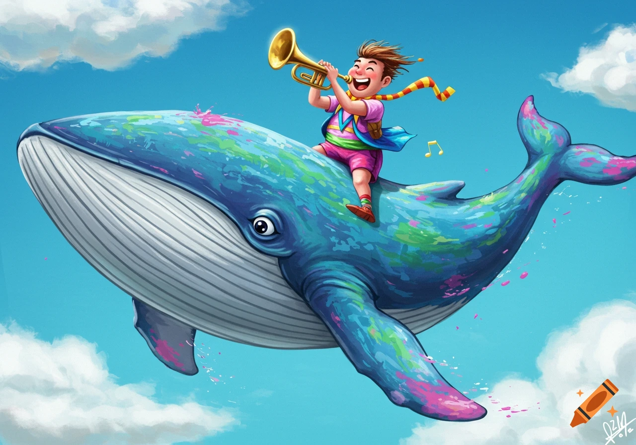 Cartoon boy rides flying whale through the sky, playing a trumpet on ...