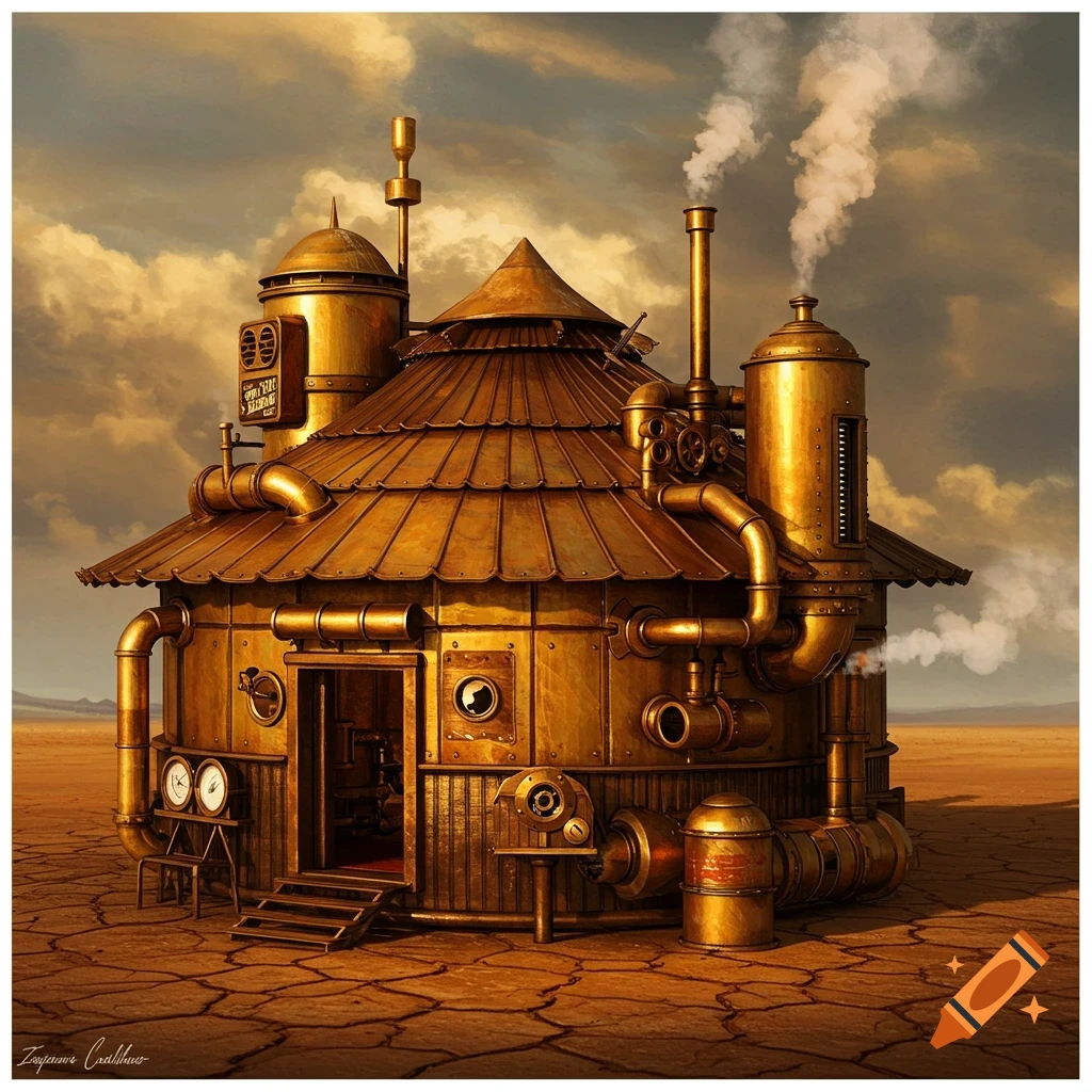 A detailed steampunk building constructed from pipes and brass stands ...