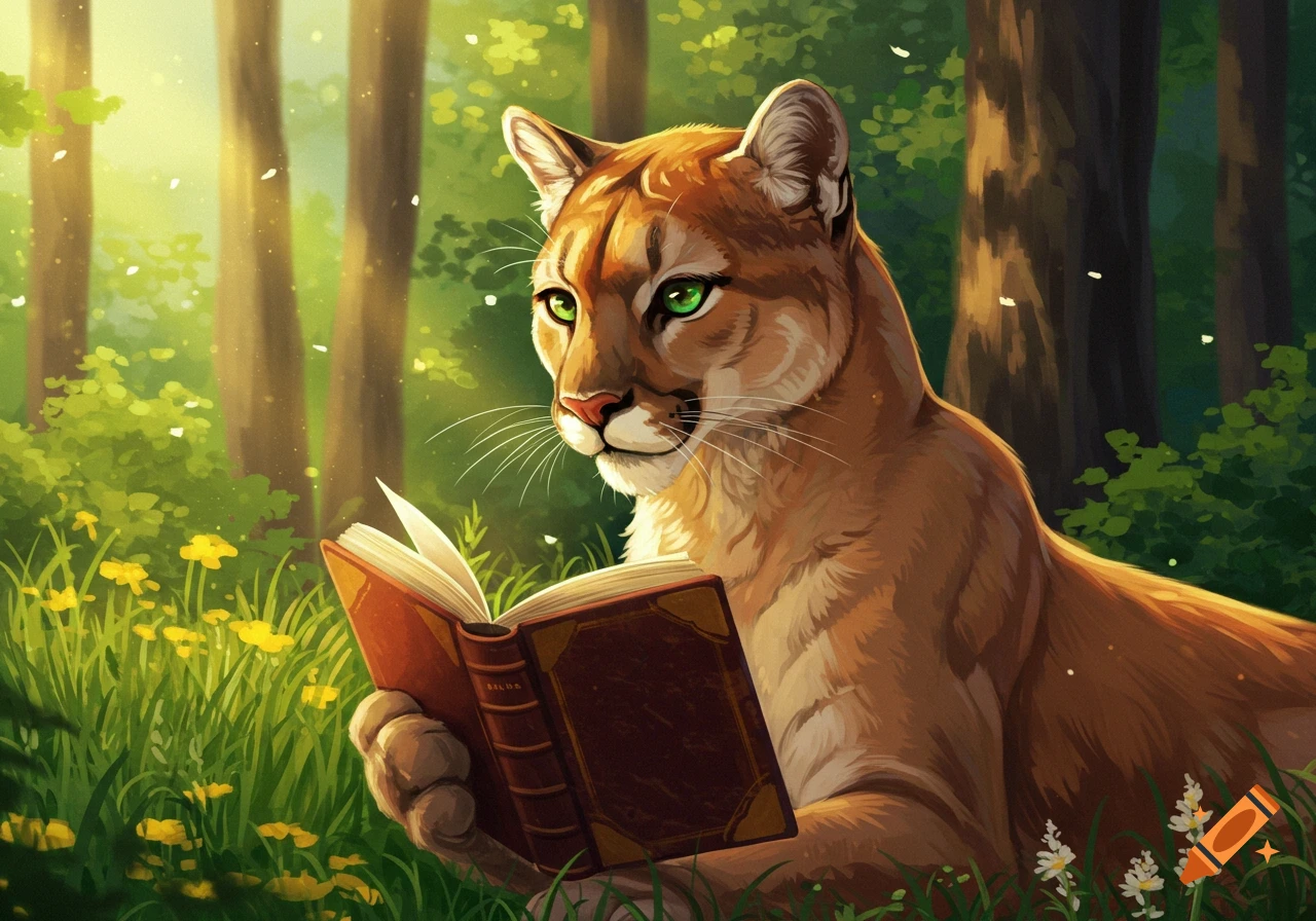 Cougar reading a book in a forest clearing, digital illustration. on Craiyon