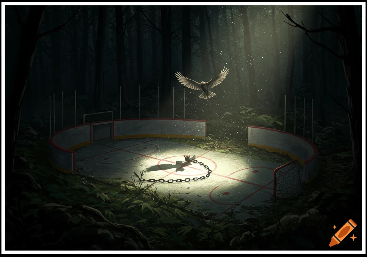 A spotlight illuminates a hockey rink abandoned in a dark forest, with ...