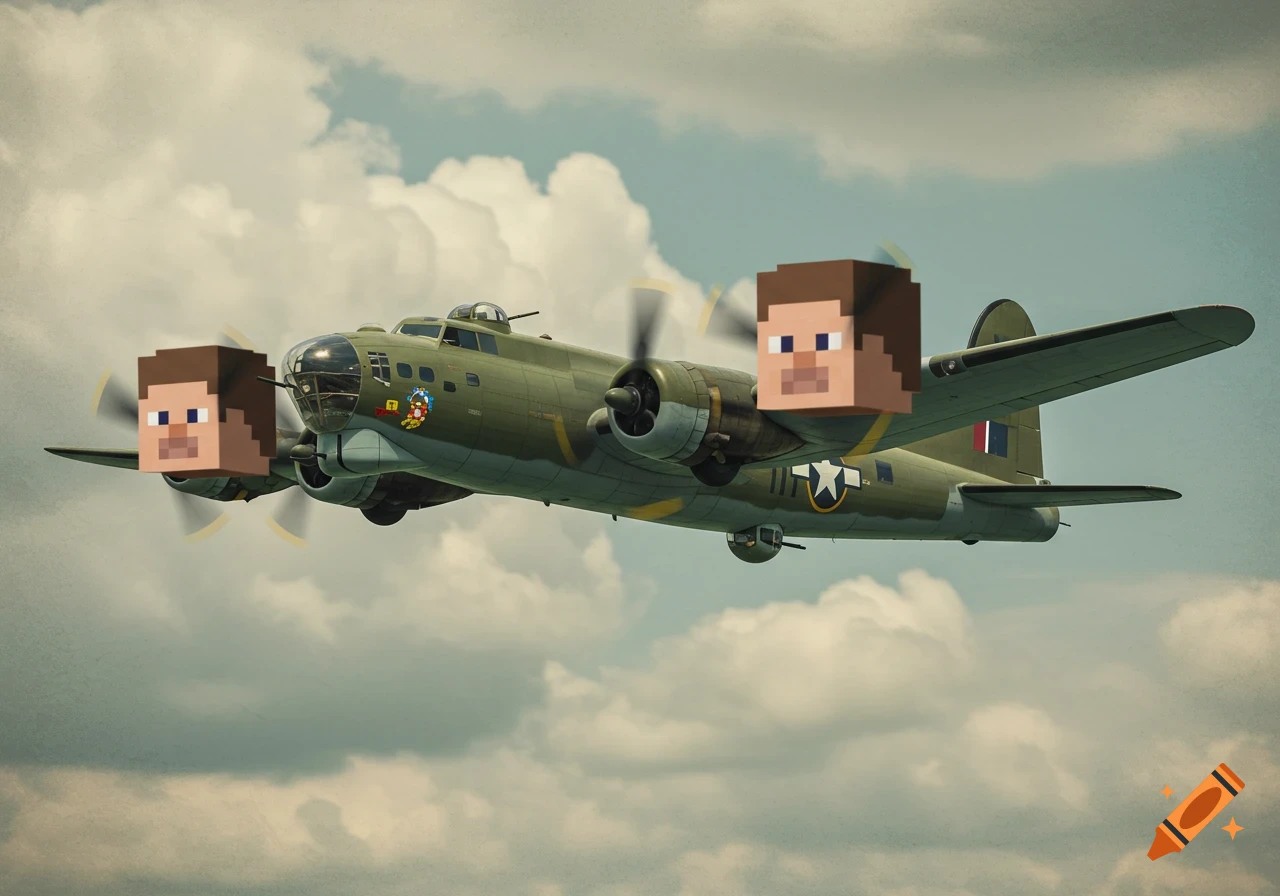 A vintage bomber plane flying with Minecraft Steve heads instead of ...