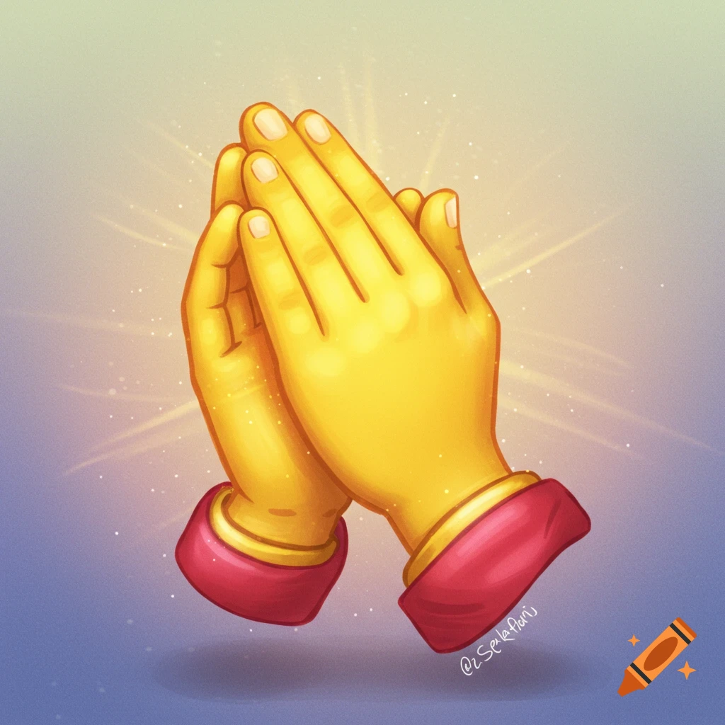 Emoji-style yellow hands clasped in prayer with a golden glow. on Craiyon