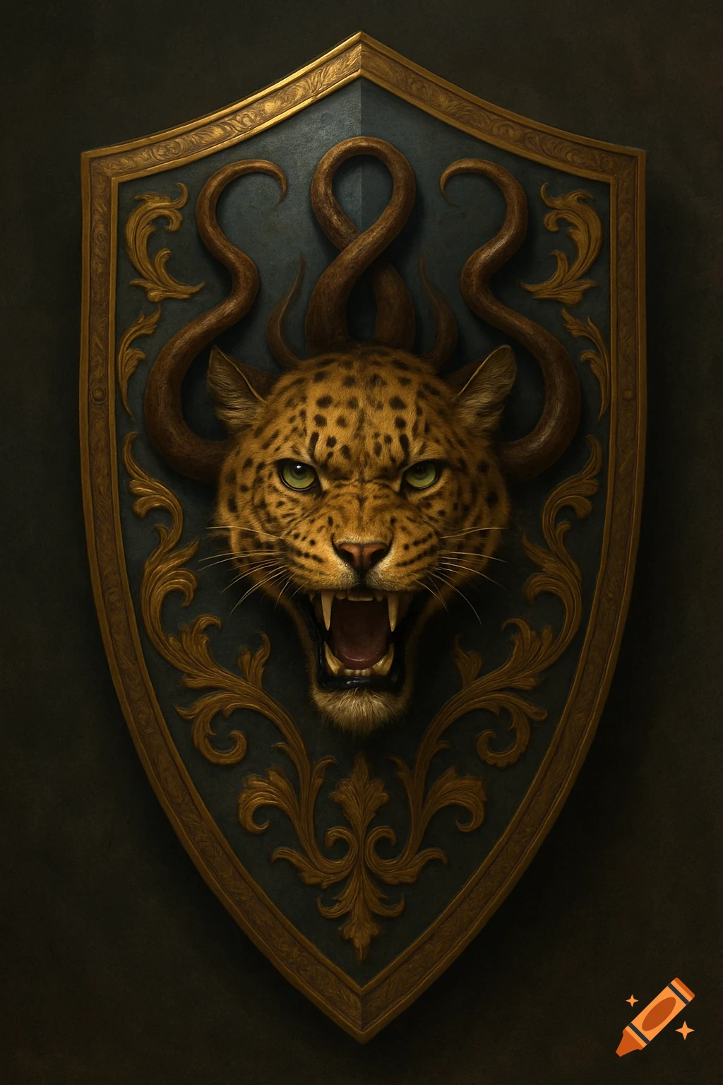 An ornate shield with a snarling leopard head and snake tendrils. on ...