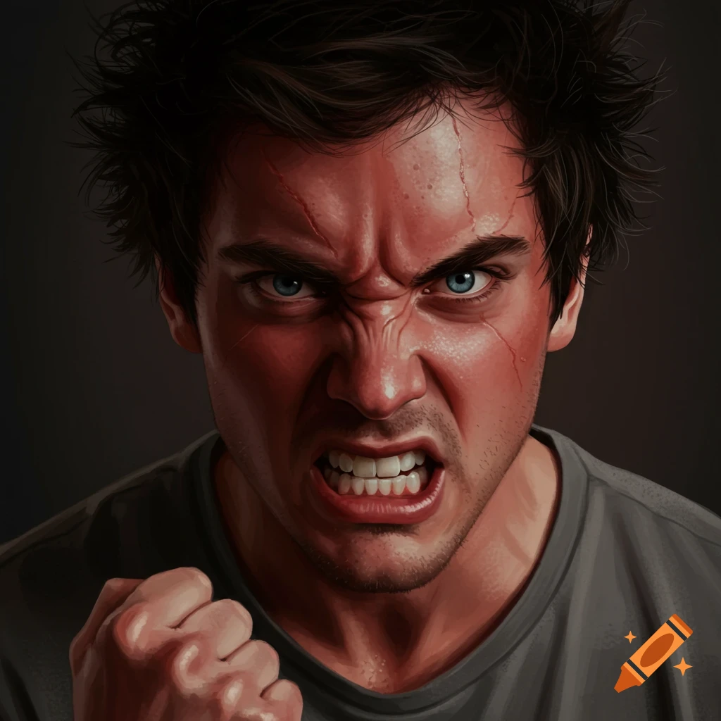 Close-up portrait of an angry man with red skin, scars, and clenched ...