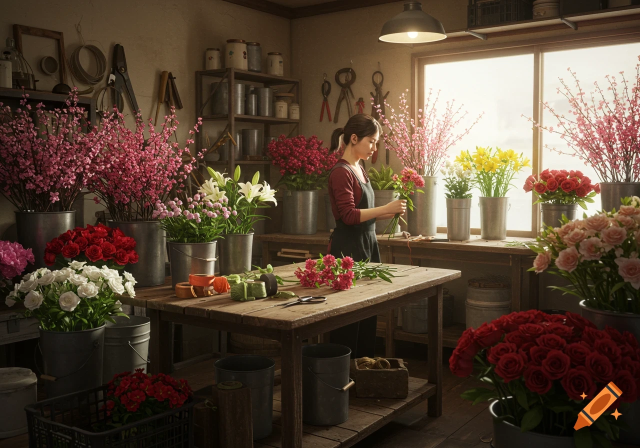 A woman arranges flowers in a bright, busy flower shop. on Craiyon