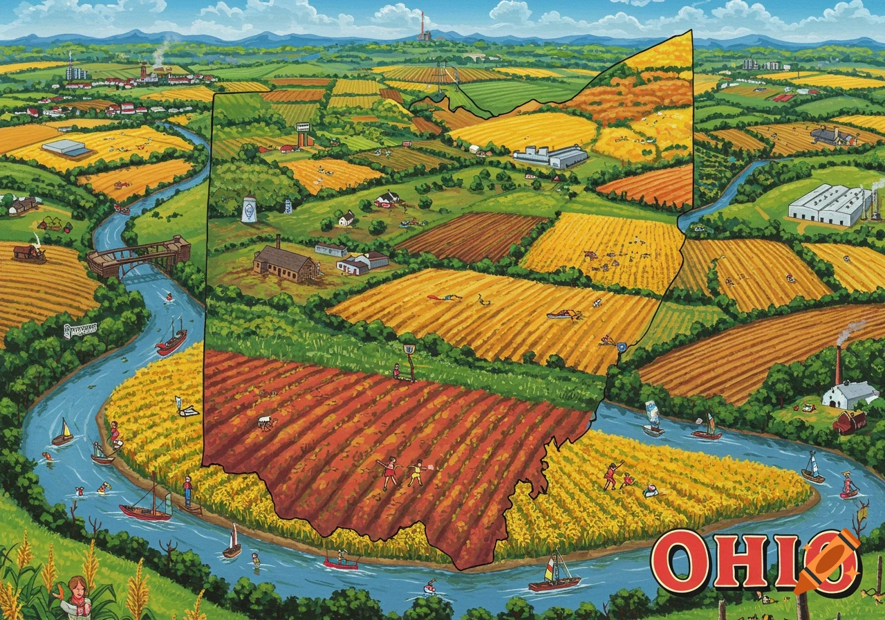 Cartoony illustration of Ohio landscape with state map overlay, fields ...