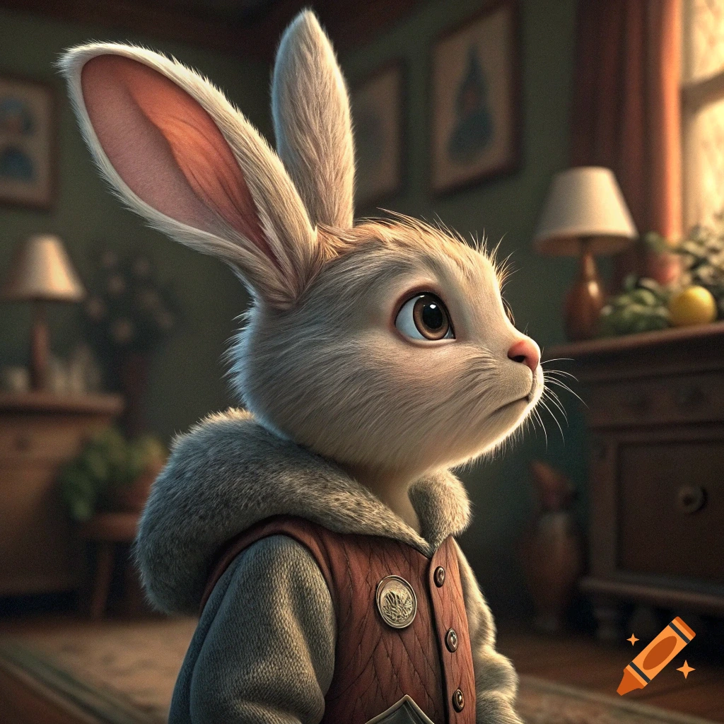 A detailed illustration of an anthropomorphic bunny wearing a vest and ...